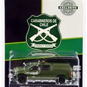 2021 Chevy Silverado LT Trail Boss Z71 Pickup Truck w/Camper Shell Matt Green Carabineros de Chile 1/64 Diecast Model Car by Greenlight