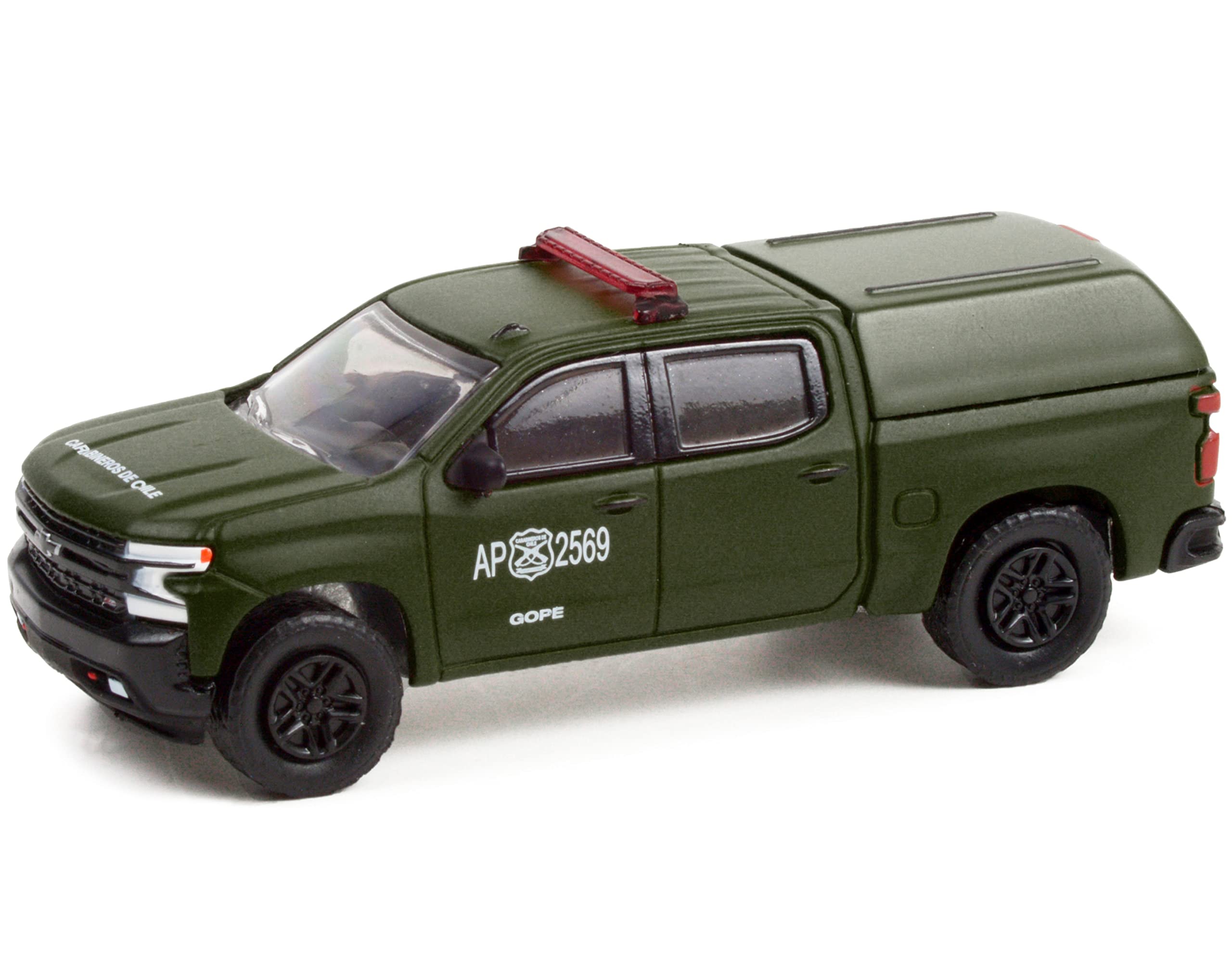 2021 Chevy Silverado LT Trail Boss Z71 Pickup Truck w/Camper Shell Matt Green Carabineros de Chile 1/64 Diecast Model Car by Greenlight