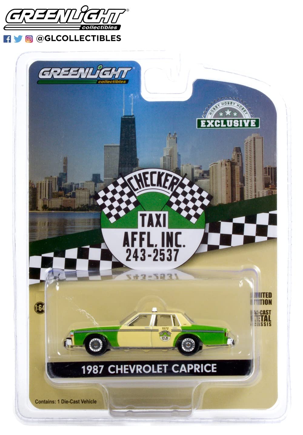 Greenlight 30233 1987 Chevy Caprice - Chicago Checker Taxi Affl Inc (Hobby Exclusive) 1:64 Scale