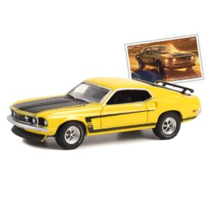 1969 boss 302 yellow with black hood and stripes 2022 pony car stamp collection hobby exclusive series 1/64 diecast model car by greenlight 30373