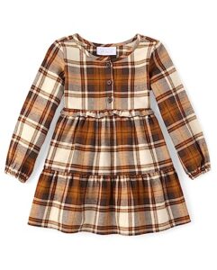 the children's place baby girls' plaid flannel woven tiered dress, hay stack, 12-18 months