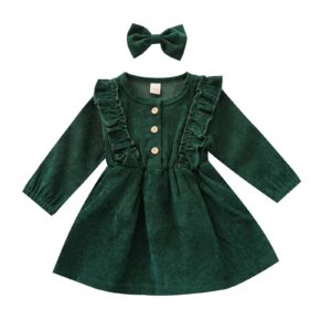 karuedoo kids toddler baby girl corduroy ruffle long sleeve dress princess party dress fall winter skirt outfit (a-green, 6-12m)