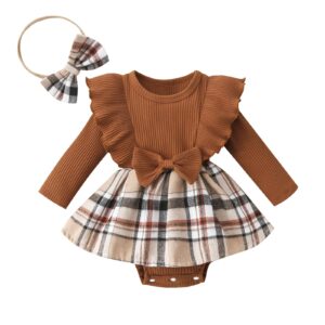 toddler baby girl fall winter outfit set plaid romper dress ruffles long sleeve clothes jumpsuit with bow headband (brown, 0-3 months)