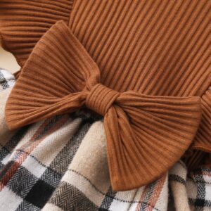 Toddler Baby Girl Fall Winter Outfit Set Plaid Romper Dress Ruffles Long Sleeve Clothes Jumpsuit with Bow Headband (Brown, 0-3 Months)