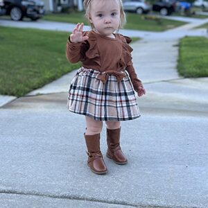 Toddler Baby Girl Fall Winter Outfit Set Plaid Romper Dress Ruffles Long Sleeve Clothes Jumpsuit with Bow Headband (Brown, 0-3 Months)