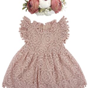 BGFKS Baby Girl Tutu Dress Elegant Lace Pom Pom Flutter Sleeve with Flower Headband Set(Dusty Rose,12 Months)