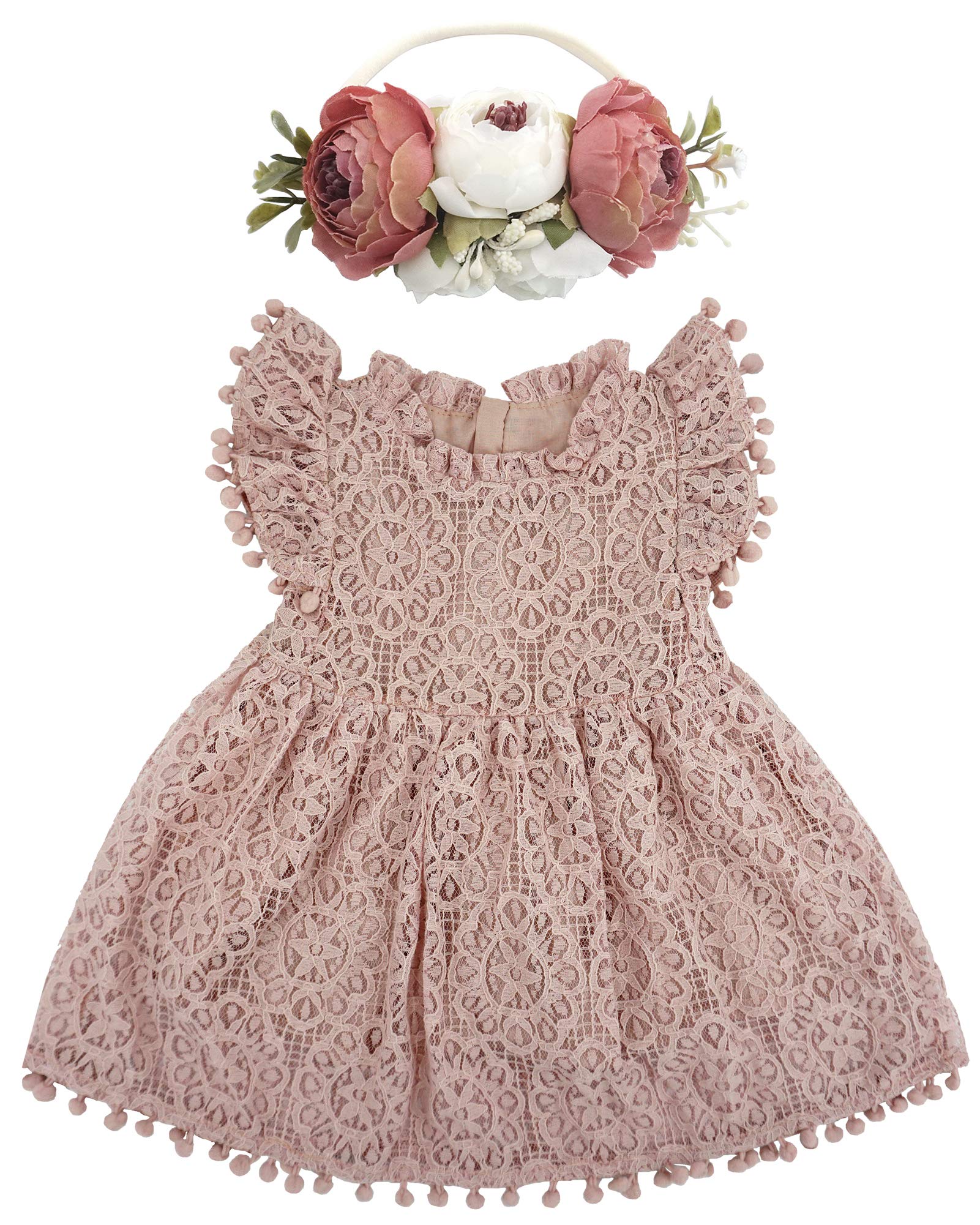 BGFKS Baby Girl Tutu Dress Elegant Lace Pom Pom Flutter Sleeve with Flower Headband Set(Dusty Rose,12 Months)