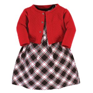 hudson baby baby girls' quilted cardigan and dress, black red plaid, 0-3 months