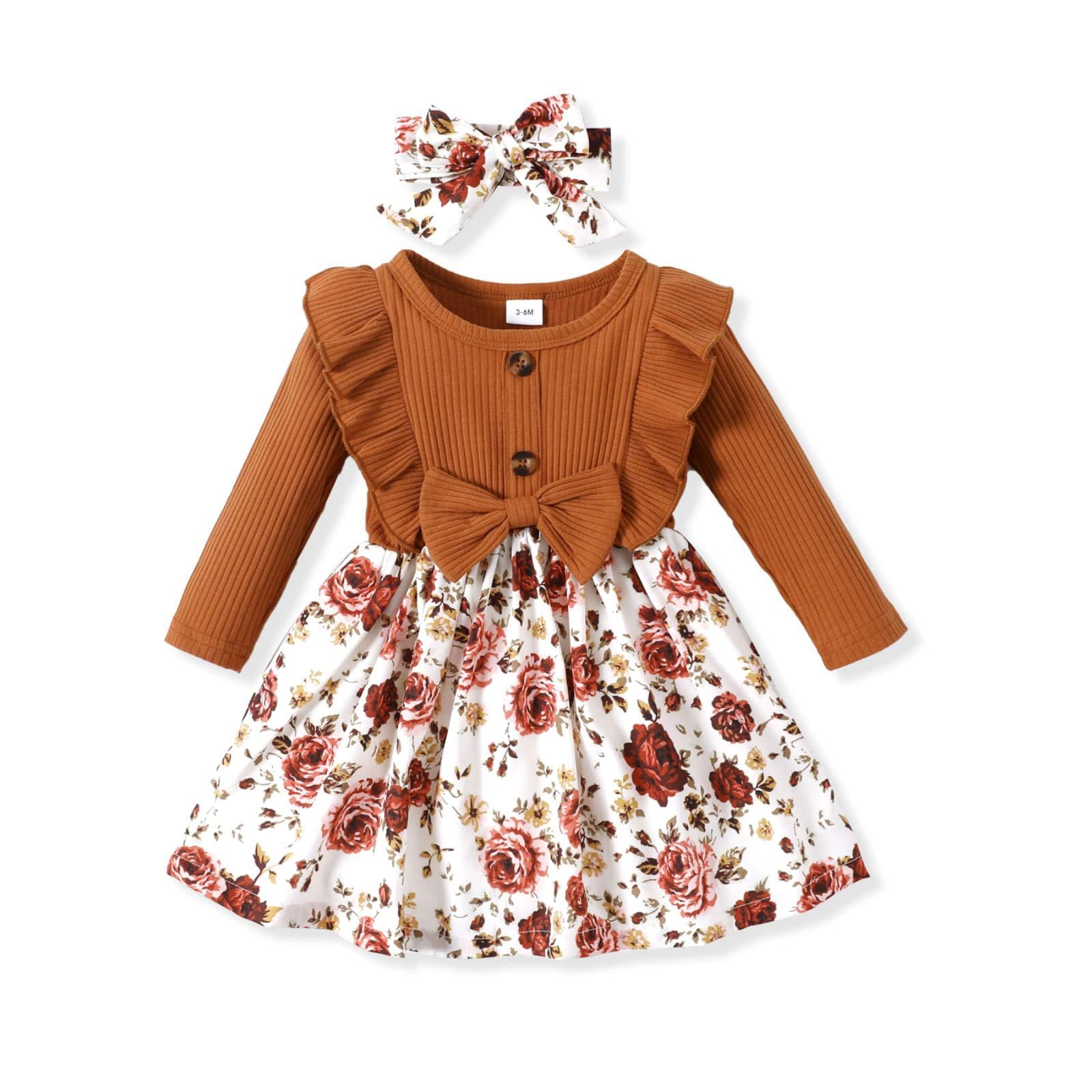 PATPAT Baby Girl Dress Infant Girls Long Sleeve Baby Casual Dress Round Neck Floral Print A-Line Dress Ginger 12-18 Months