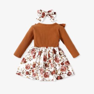 PATPAT Baby Girl Dress Infant Girls Long Sleeve Baby Casual Dress Round Neck Floral Print A-Line Dress Ginger 12-18 Months