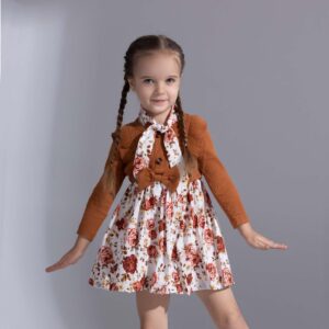 PATPAT Baby Girl Dress Infant Girls Long Sleeve Baby Casual Dress Round Neck Floral Print A-Line Dress Ginger 12-18 Months