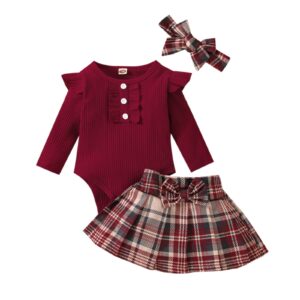 sasaerucure infant toddler baby girl fall winter outfits long sleeve romper knitted bodysuit with plaid skirt 2pcs christmas outfits (wine red, 6-9 months)