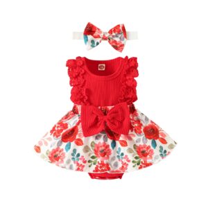 newborn girl clothes sleeveless lace floral romper dress jumpsuit bodysuit with headband infant baby summer outfits (red,3-6m)