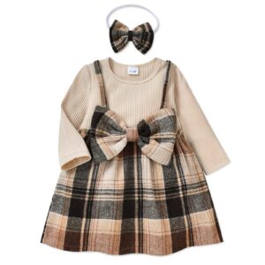 patpat baby girl dress newborn infant girls long sleeve ribbed dress toddler suspender dress with bowknot headband khaki 3-6 months