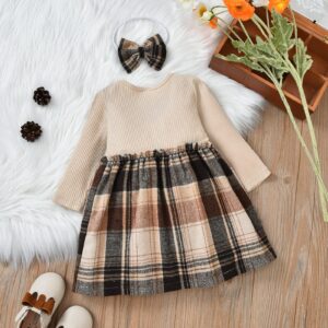 PATPAT Baby Girl Dress Newborn Infant Girls Long Sleeve Ribbed Dress Toddler Suspender Dress with Bowknot Headband Khaki 3-6 Months