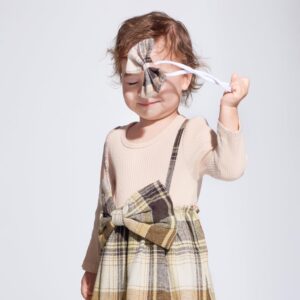 PATPAT Baby Girl Dress Newborn Infant Girls Long Sleeve Ribbed Dress Toddler Suspender Dress with Bowknot Headband Khaki 3-6 Months