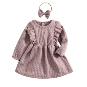 baby girl knit dress long sleeves sweater dress toddler fall winter outfits with bowtie (pink, 6-12 months)