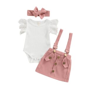 infant girls summer 3pcs outfit sets ruffle short sleeve ribbed romper + suspender skirt + headband (a-pink, 6-12 months)