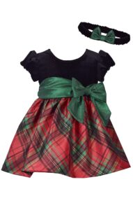 bonnie jean holiday christmas dress - classic plaid with velvet with hair accessories, short sleeve headband, 3-6 months