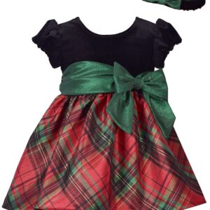 Bonnie Jean Holiday Christmas Dress - Classic Plaid with Velvet with Hair Accessories, Short Sleeve Headband, 3-6 Months