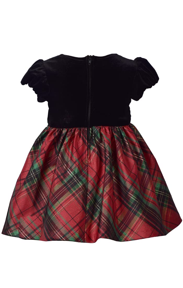 Bonnie Jean Holiday Christmas Dress - Classic Plaid with Velvet with Hair Accessories, Short Sleeve Headband, 3-6 Months