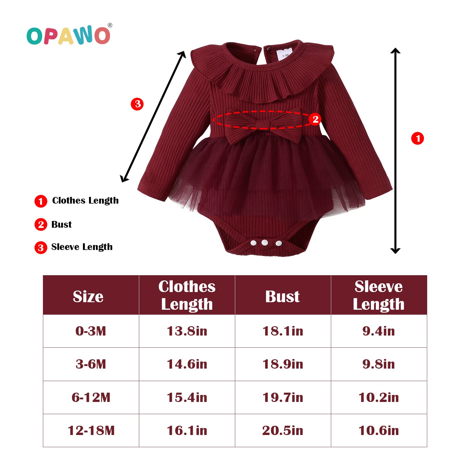 OPAWO Newborn Baby Girl Bodysuits Long Sleeve Ribbed Romper Onsies with Tulle Skirt Infant Baby Girl Dresses 0-18 Months(Red, 3-6 Months)