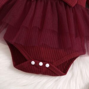 OPAWO Newborn Baby Girl Bodysuits Long Sleeve Ribbed Romper Onsies with Tulle Skirt Infant Baby Girl Dresses 0-18 Months(Red, 3-6 Months)