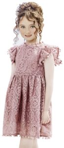 2bunnies girl baby toddler vintage lace pom pom flutter sleeve easter birthday outfit dress (dusty pink, 2t)