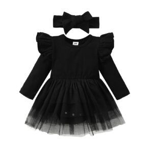 sanpersonlin baby girl clothes infant ruffle sleeve romper dress newborn solid tutu skirt sets jumpsuit headband outfit (032a-black, 3-6 months)