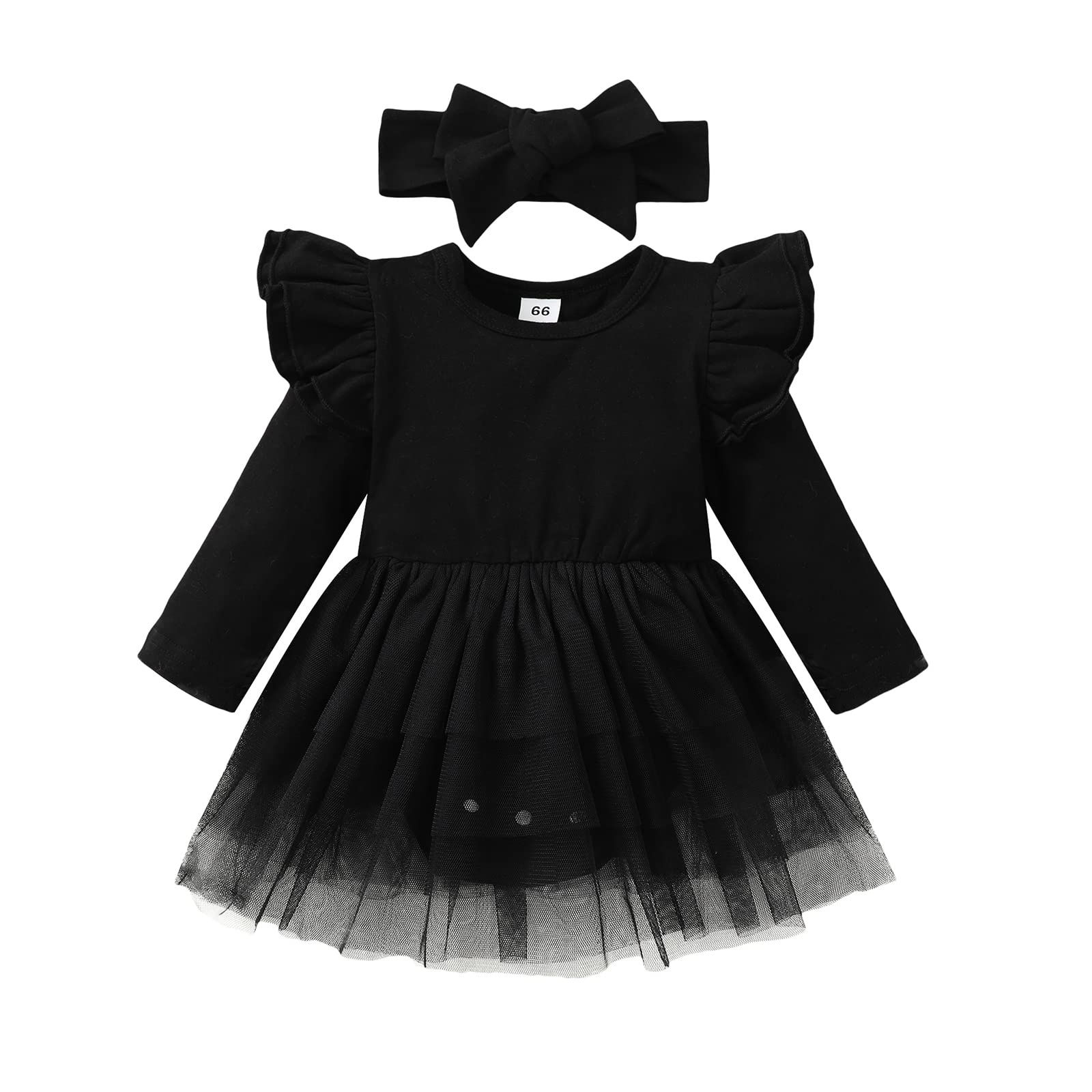 Sanpersonlin Baby Girl Clothes Infant Ruffle Sleeve Romper Dress Newborn Solid Tutu Skirt Sets Jumpsuit Headband Outfit (032A-Black, 3-6 Months)