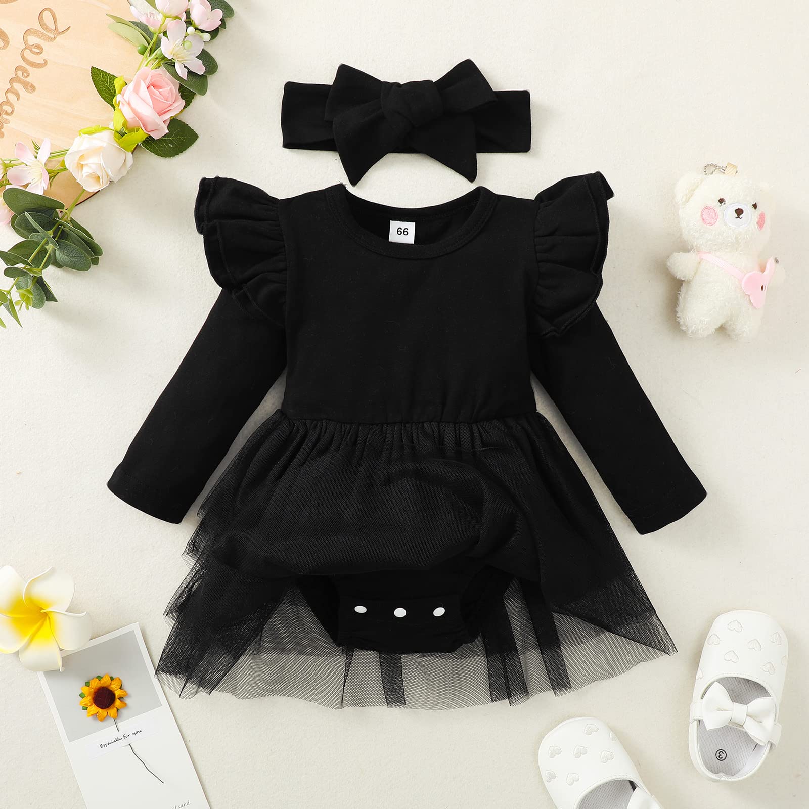 Sanpersonlin Baby Girl Clothes Infant Ruffle Sleeve Romper Dress Newborn Solid Tutu Skirt Sets Jumpsuit Headband Outfit (032A-Black, 3-6 Months)