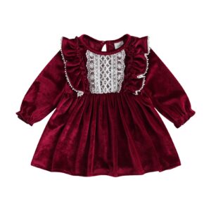 infant toddler girl christmas outfits long sleeve dress lace vintage one piece skirt red velvet party banquet sundress (dark red, 3-6 months)