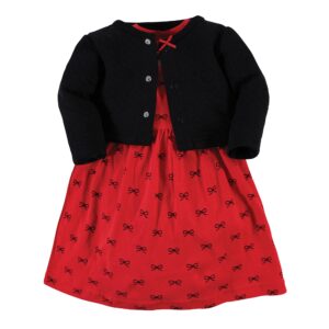 hudson baby baby girls' quilted cardigan and dress, red black bows, 12-18 months