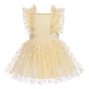 newborn infant baby girl ruffle tutu romper dress 1st 2nd birthday party cake smash outfit toddler summer flutter sleeveless floral princess tulle one-picece baptism pageant dress yellow daisy 18-24m