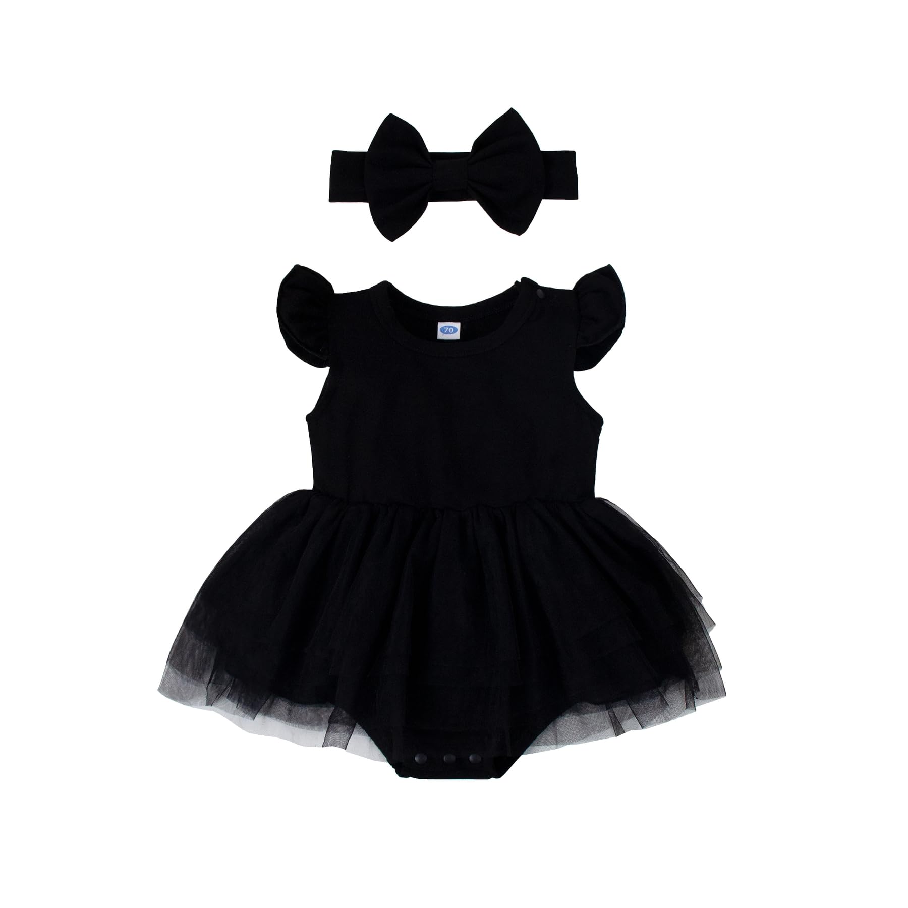 Magic Park Infant Tulle Dress Baby Girl Ruffle Sleeve Romper Dress Solid Color Tutu Skirt with Headband Holidays Clothes (Black, 6 Months)