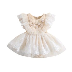 newborn baby girl boho romper dress embroidery flower lace tutu photography outfits princess clothes (apricot, 3-6 months)