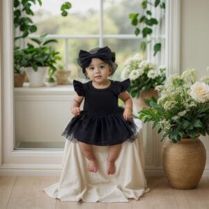 Magic Park Infant Tulle Dress Baby Girl Ruffle Sleeve Romper Dress Solid Color Tutu Skirt with Headband Holidays Clothes (Black, 6 Months)