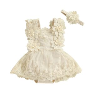 engofs newborn baby girl lace romper boho clothes princess dress 1st birthday photoshoot cake smash outfit apricot 12-18 months