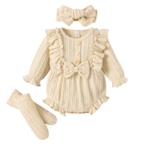 zaxarra newborn baby girls clothes long sleeve button front ruffle romper socks headband 3pcs set fall winter outfits (beige, 0-3 months)