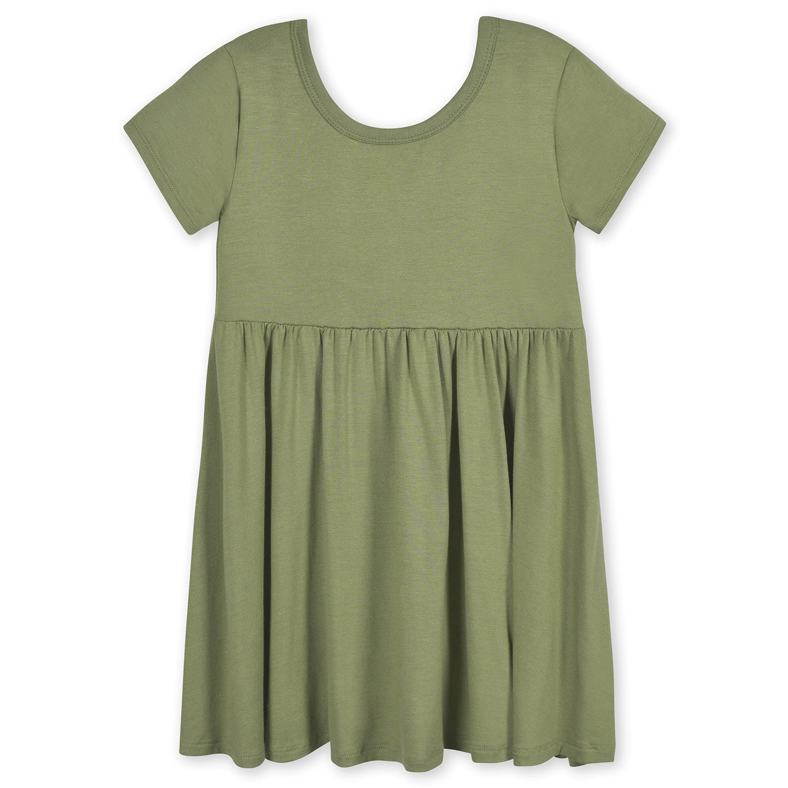 Gerber Baby Girls Toddler Buttery Soft Short Sleeve Twirl Dress with Viscose Made from Eucalyptus, Olive, 3T