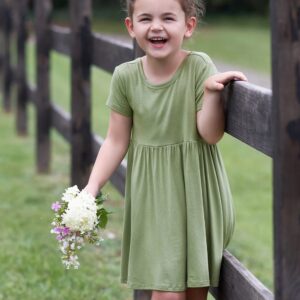 Gerber Baby Girls Toddler Buttery Soft Short Sleeve Twirl Dress with Viscose Made from Eucalyptus, Olive, 3T