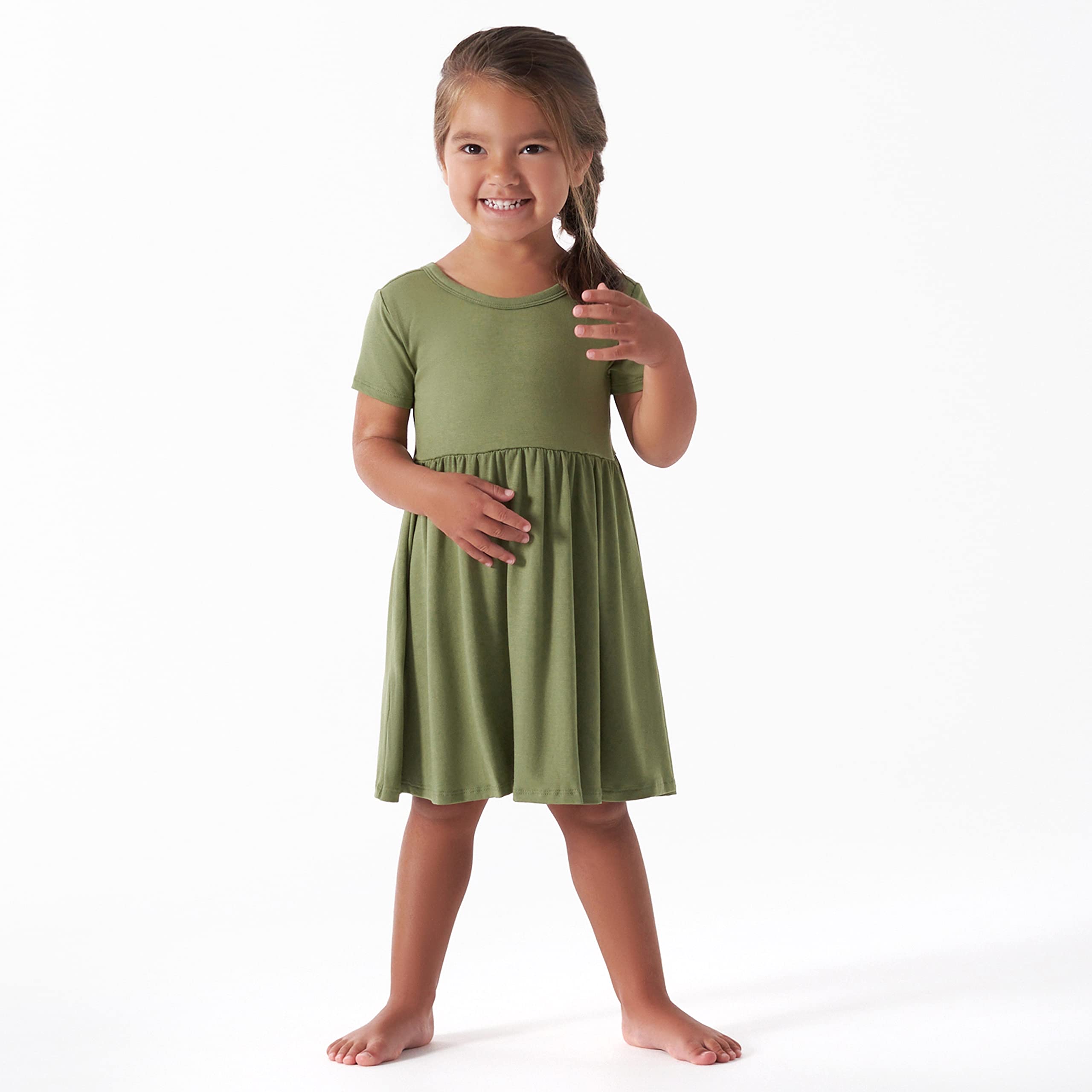 Gerber Baby Girls Toddler Buttery Soft Short Sleeve Twirl Dress with Viscose Made from Eucalyptus, Olive, 3T