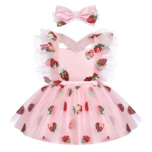 baby girls sequin strawberry tutu dress summer sleeveless lace princess birthday party dresses toddler girl communion pageant flower bow sundress with headband outfit pink strawberry 3-6 months