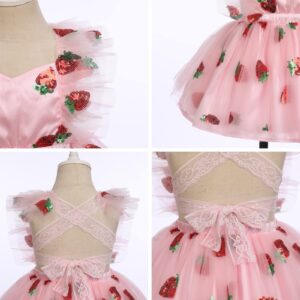 Baby Girls Sequin Strawberry Tutu Dress Summer Sleeveless Lace Princess Birthday Party Dresses Toddler Girl Communion Pageant Flower Bow Sundress with Headband Outfit Pink Strawberry 3-6 Months