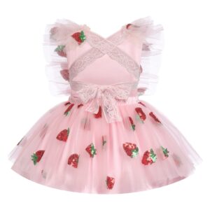 Baby Girls Sequin Strawberry Tutu Dress Summer Sleeveless Lace Princess Birthday Party Dresses Toddler Girl Communion Pageant Flower Bow Sundress with Headband Outfit Pink Strawberry 3-6 Months