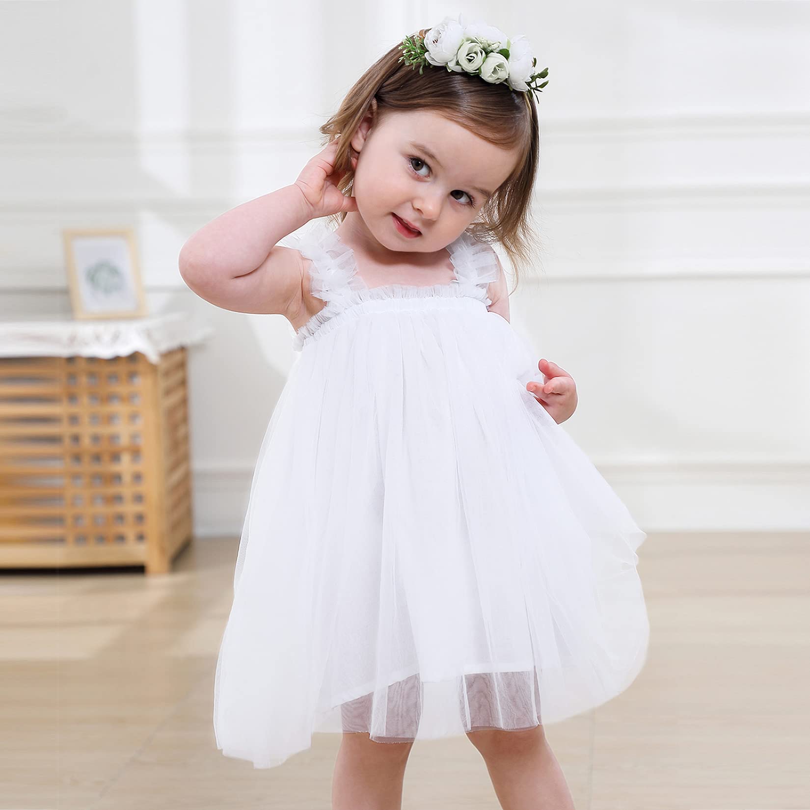 Century Star 1st First Birthday Outfit Girl Half Easter Dresses for Baby Girls Tulle Tutu Dress Toddler Infant One 1 Year Old Gifts Festival Dress up Sundress Flower Headband White 9-12 Months