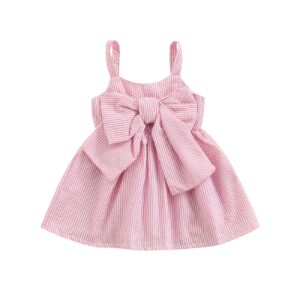 toddler baby girls sleeveless dress front bowknot stripe sling summer jumpsuit princess casual romper (pink, 9-12 months)