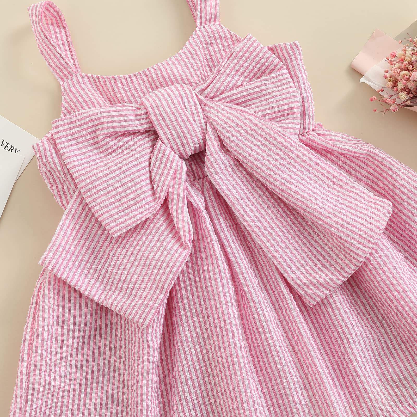 Toddler Baby Girls Sleeveless Dress Front Bowknot Stripe Sling Summer Jumpsuit Princess Casual Romper (Pink, 9-12 Months)