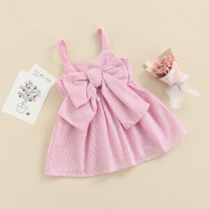 Toddler Baby Girls Sleeveless Dress Front Bowknot Stripe Sling Summer Jumpsuit Princess Casual Romper (Pink, 9-12 Months)