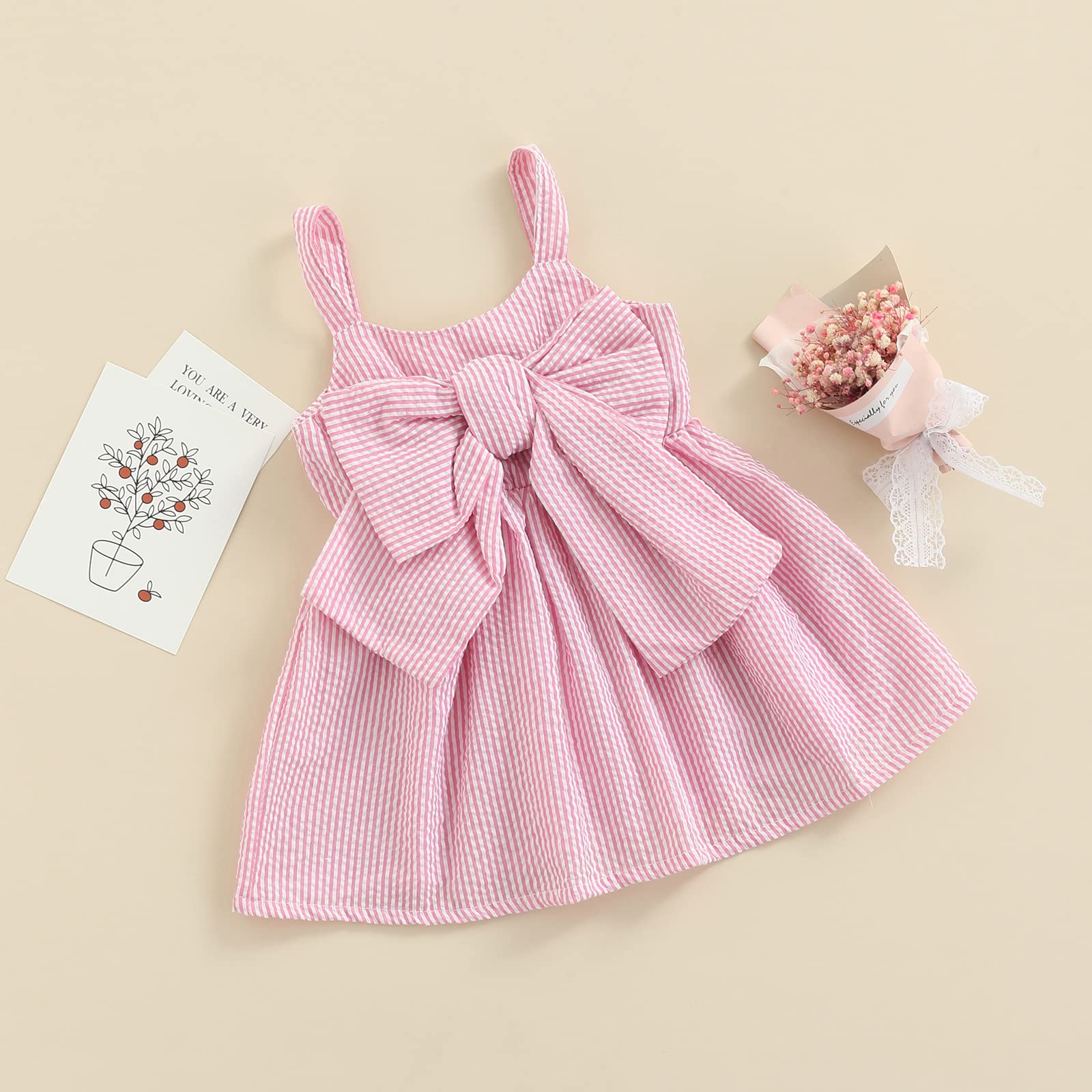 Toddler Baby Girls Sleeveless Dress Front Bowknot Stripe Sling Summer Jumpsuit Princess Casual Romper (Pink, 9-12 Months)